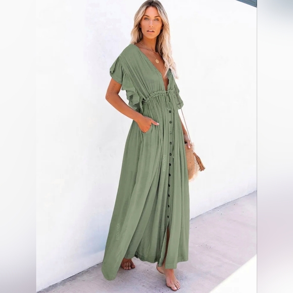 Dresses | New Boho Princess Flowy Gauze Cover Up Maxi Dress Sage Green ...